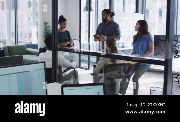 Animation of graphs, loading bars, map over diverse coworkers sharing ideas and clapping in ...