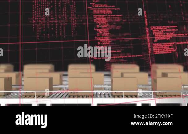 Animation Of Grid Pattern And Computer Language Over Cardboard Boxes
