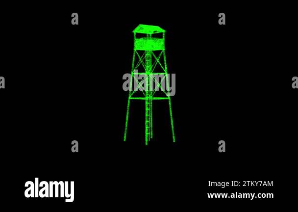 3d Observation Tower Rotates On Black Bg Object Dissolved Green