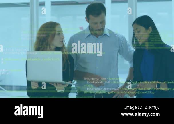 Animation of multicolored infographic interface, diverse coworkers ...