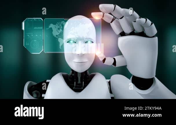 Robot hominoid hold HUD hologram screen in concept of AI thinking brain ...