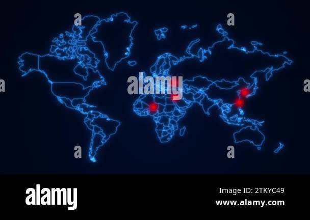 Digital Technology World Map Animation. Glowing hot points in Global ...