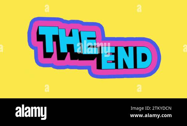 The End on yellow background. Film final credits. Bright 3D text ...