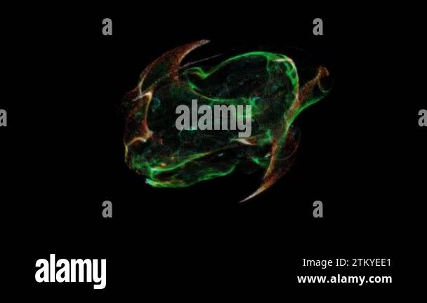 Abstract green orange particles background animation loop with a spiral particle form rotating ...