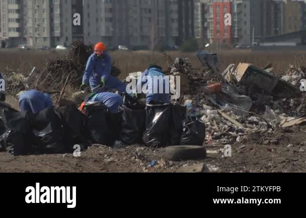 Garbage sorting concept. Men and women put various waste into special ...