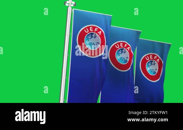 Nyon, CH, Oct 10 2023: Three vertical banners with UEFA logo waving ...