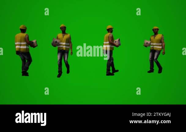 3D several architects and construction workers green screen walking and ...