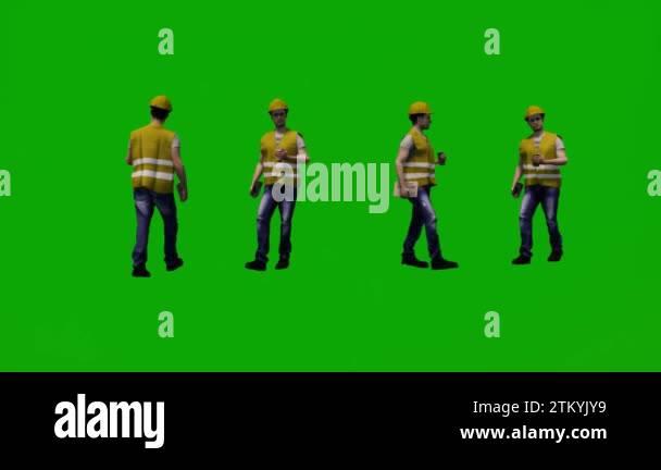 3D several architects and construction workers green screen walking and ...