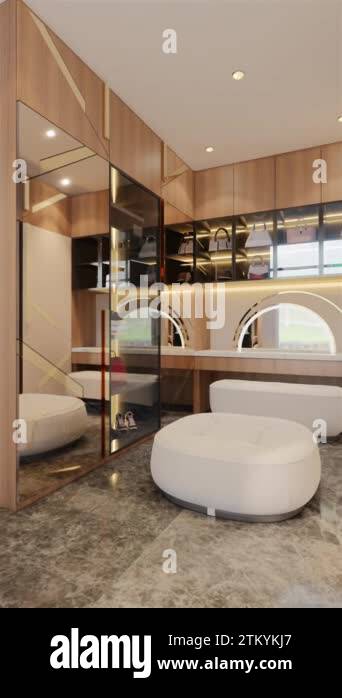Modern Luxury Compact walk-in closet design Animation. 3D Illustration ...