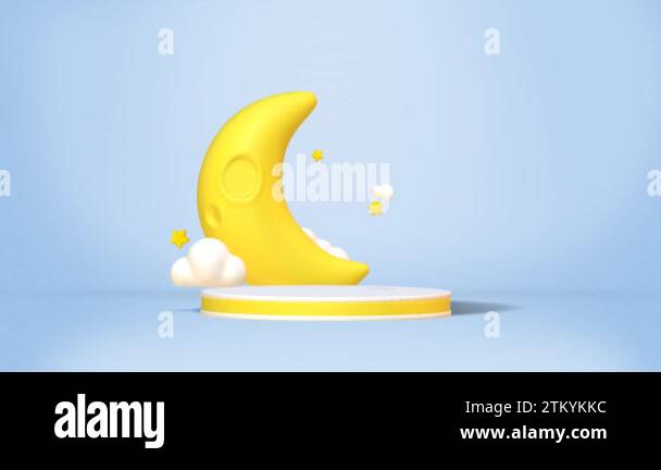 Looped cute 3d crescent moon with podium colorful circles and white ...