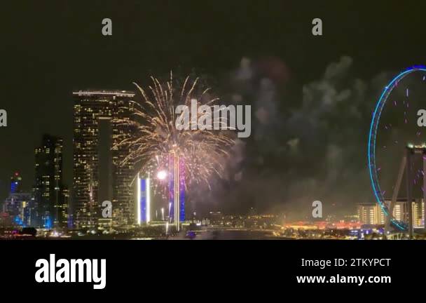 Dubai fireworks, Dubai frame building, ferris wheel, night time ...