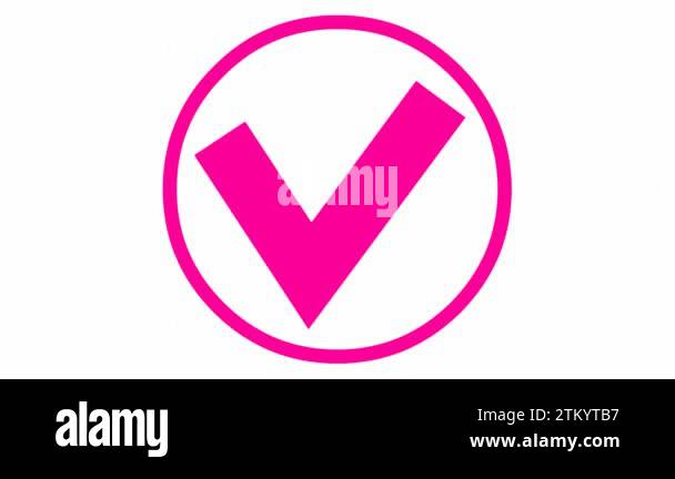 Animated magenta check mark in circle appears. Flat pink vector ...