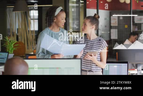 Animation of graphs, loading bars, map over diverse female coworkers discussing reports in ...