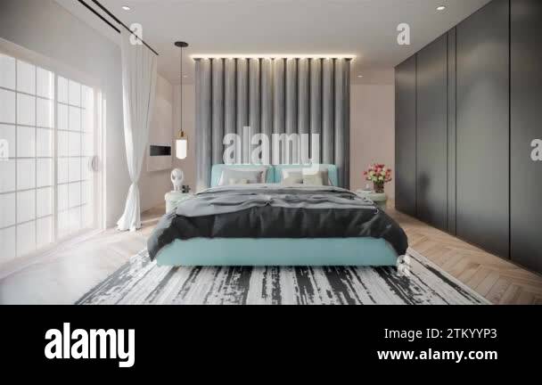 Modern Luxury Bedroom Animation with powder blue Color. 3D Illustration ...