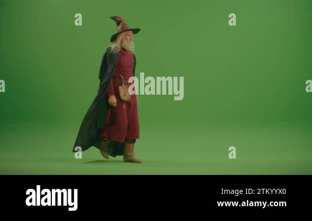 Green Screen. A Smiling Wizard in a Magic Hat and Cloak Walks, Looks ...
