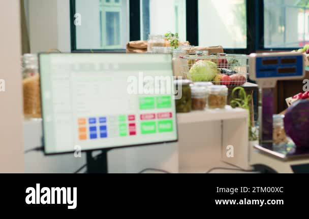 Low carbon footprint food in local supermarket, checkout counter with ...