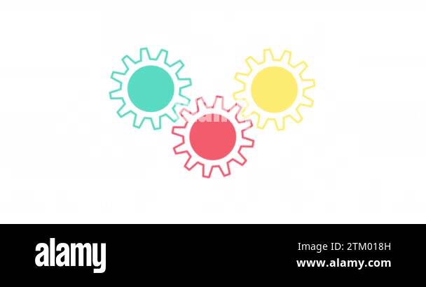 Three Blue, red and yellow gears rotating on white background. 4K ...