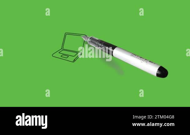 Draw four electric devices like laptop, computer, tablet and smart ...