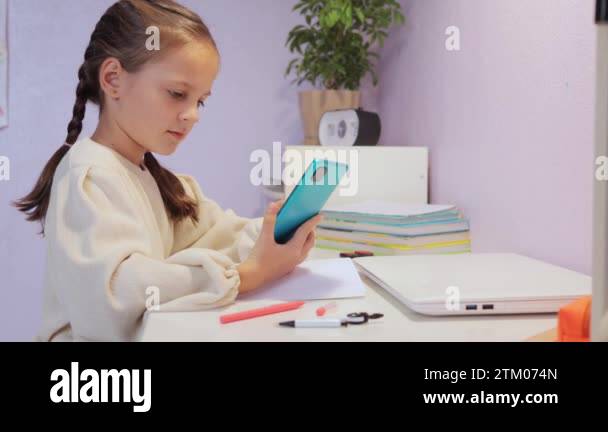 Lesson tutorial. Prepare for class. Distant learning. Little Caucasian ...