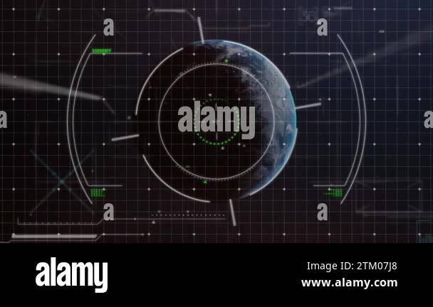 Animation of scope scanning over spinning globe and data processing against black background ...