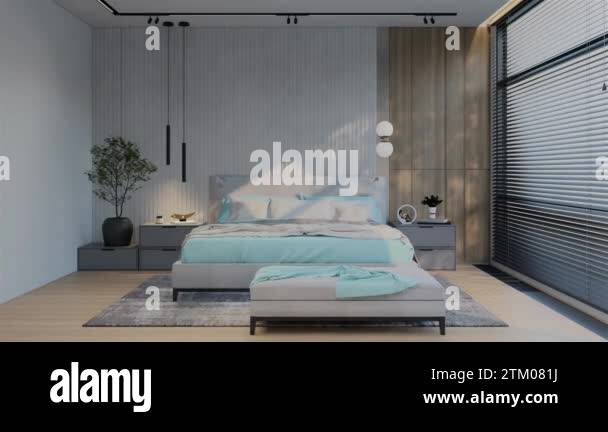 Modern Luxury Bedroom Animation with powder blue Color. 3D Illustration ...