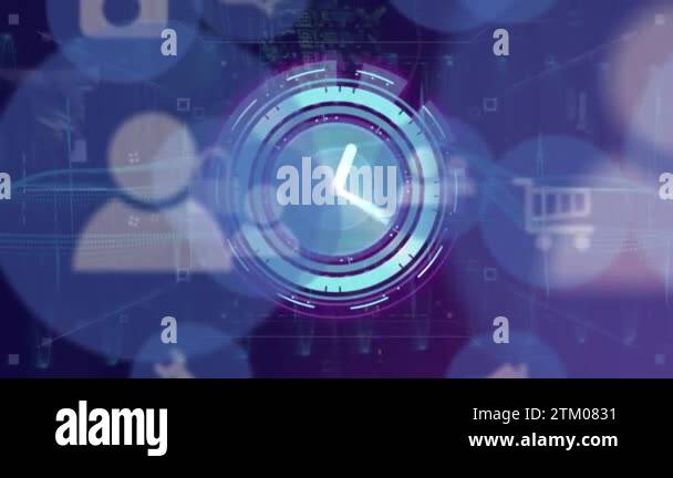 Animation of icon in circles over digital clock and computer language against abstract ...