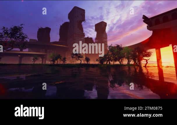 A modern city destroyed by the apocalypse and flooded with water Stock ...