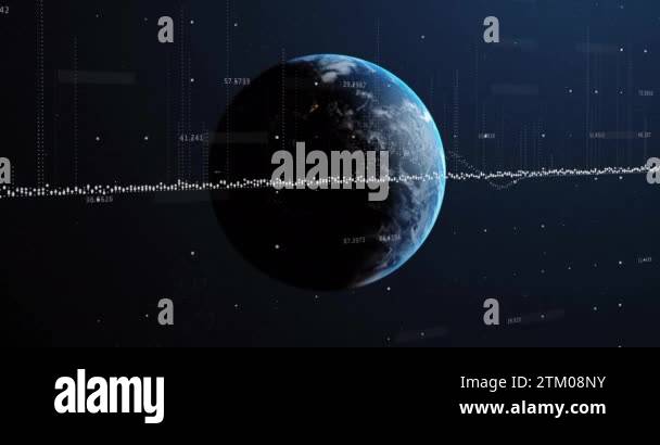 Animation of multiple graphs with changing numbers over globe against black background ...