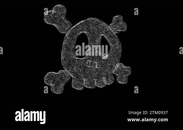 3D poison skull bones rotates on black bg. Object dissolved white ...