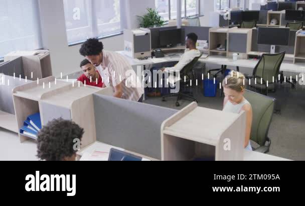 Animation of lines forming graph over diverse coworkers discussing on ...