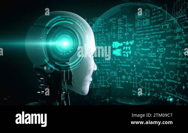 hominoid AI robot looking at hologram screen in concept of math ...