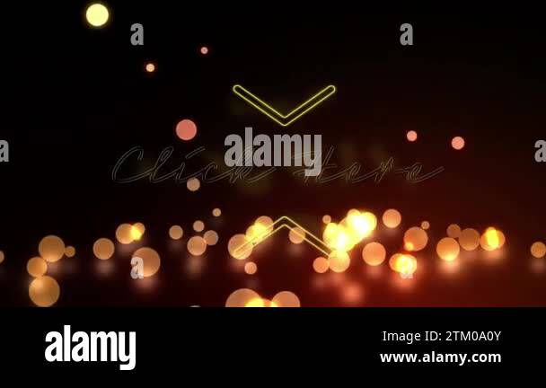 Animation of click here text banner over orange glowing spots falling ...