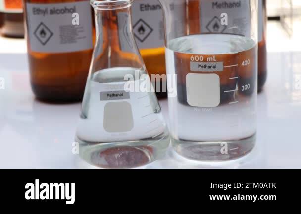 Methanol in glass,Hazardous chemicals and symbols on containers in ...