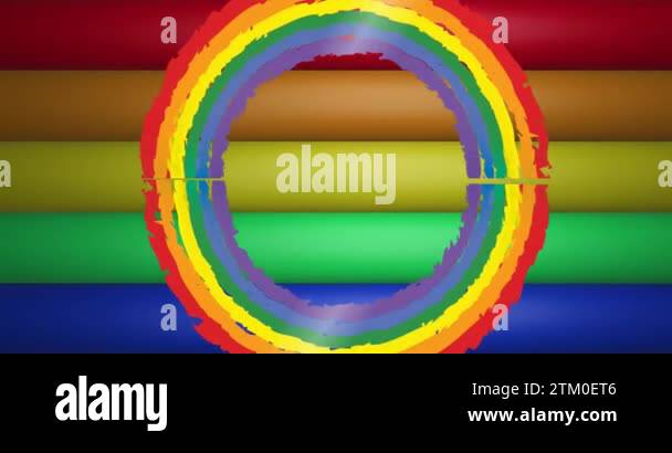Animation of queer text and rainbow circles over rainbow stripes and ...