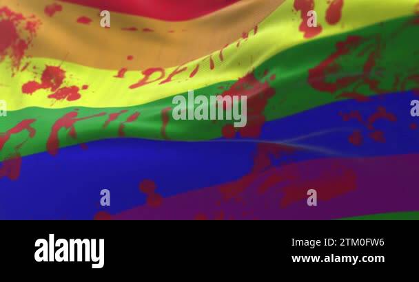 Rainbow flag, LGBT pride flag, with blood and words written. Loop Stock ...