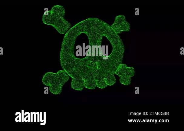 3D poison skull bones rotates on black bg. Object dissolved green ...