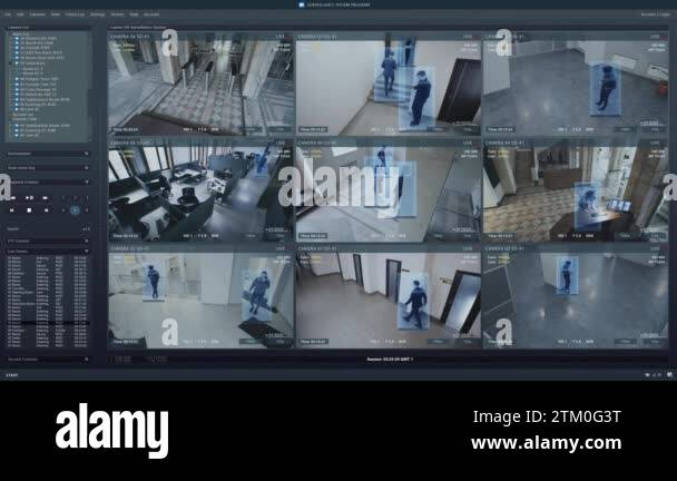 Playback CCTV cameras in office on computer screen. Surveillance interface with AI futuristic ...