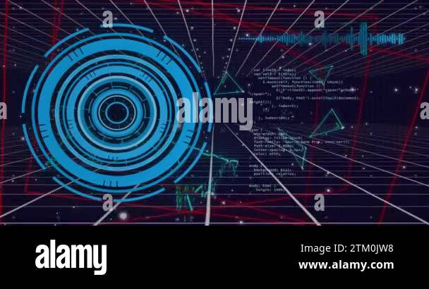 Animation of connected dots triangles, loading circles and computer language over black ...