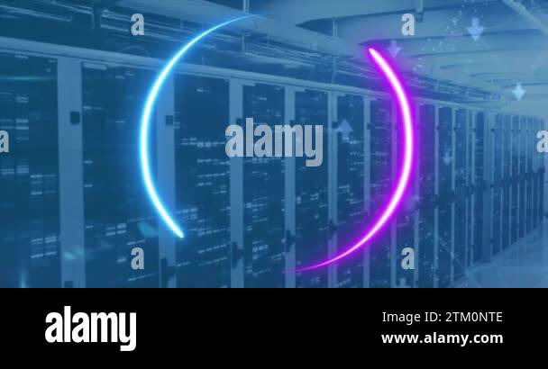 Animation Of Circle And Connected Arrows Over Bars On Data Server Racks In Server Room Digital