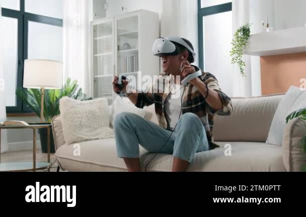 Metaverse virtual reality experience in cyberspace world happy amazed African American man ...