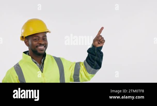 Face, construction worker and marketing in studio for advertising ...