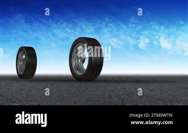 four wheels with new tires of the car rolling turns into the frame and ...