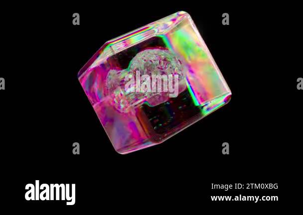 Diamond brain inside a transparent glass cube. Pink color. Rainbow ...