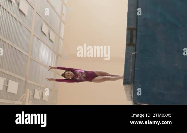 Vertical low angle full length shot of Biracial little girl in purple ...