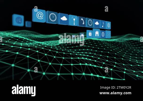 Animation of falling 3d icons over dynamic wave pattern against black background. Digitally ...