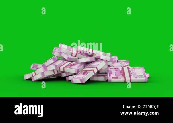 3d animation of stacks of 200 Indian rupee notes falling on greenscreen ...