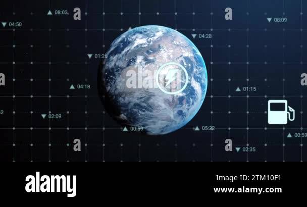 Animation of multiple icons and changing numbers over globe against black background. Digitally ...