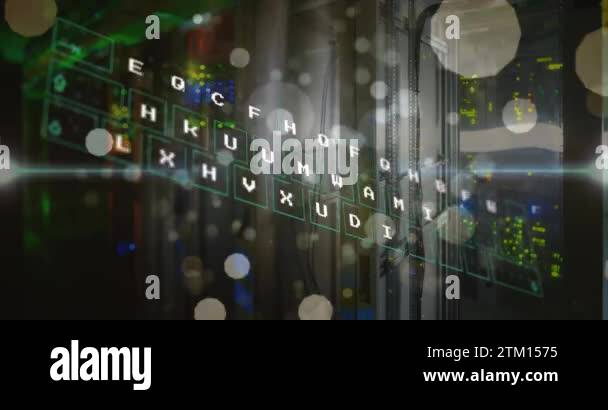 Animation of virtual keyboard and white spots floating against close up of a computer server ...
