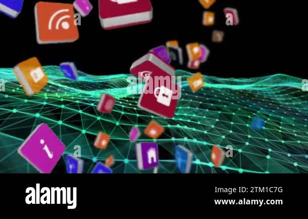Animation of falling 3d icons over dynamic wave pattern against black background. Digitally ...