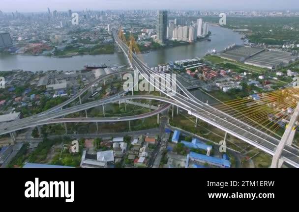 aerial fly over forward, top view of traffic and vehicle car on tollway ...